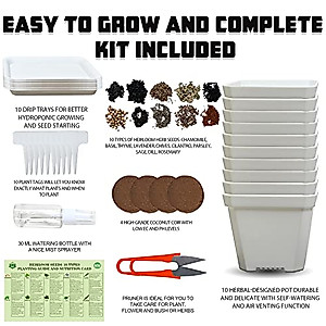 Herb Grow Kit, 10 Herb Seeds Garden Starter Kit, Complete Potted Plant Growing Set Including White Pots, Markers, Nutritional Soil, Watering, Herb Clipper for Kitchen Herb Garden DIY