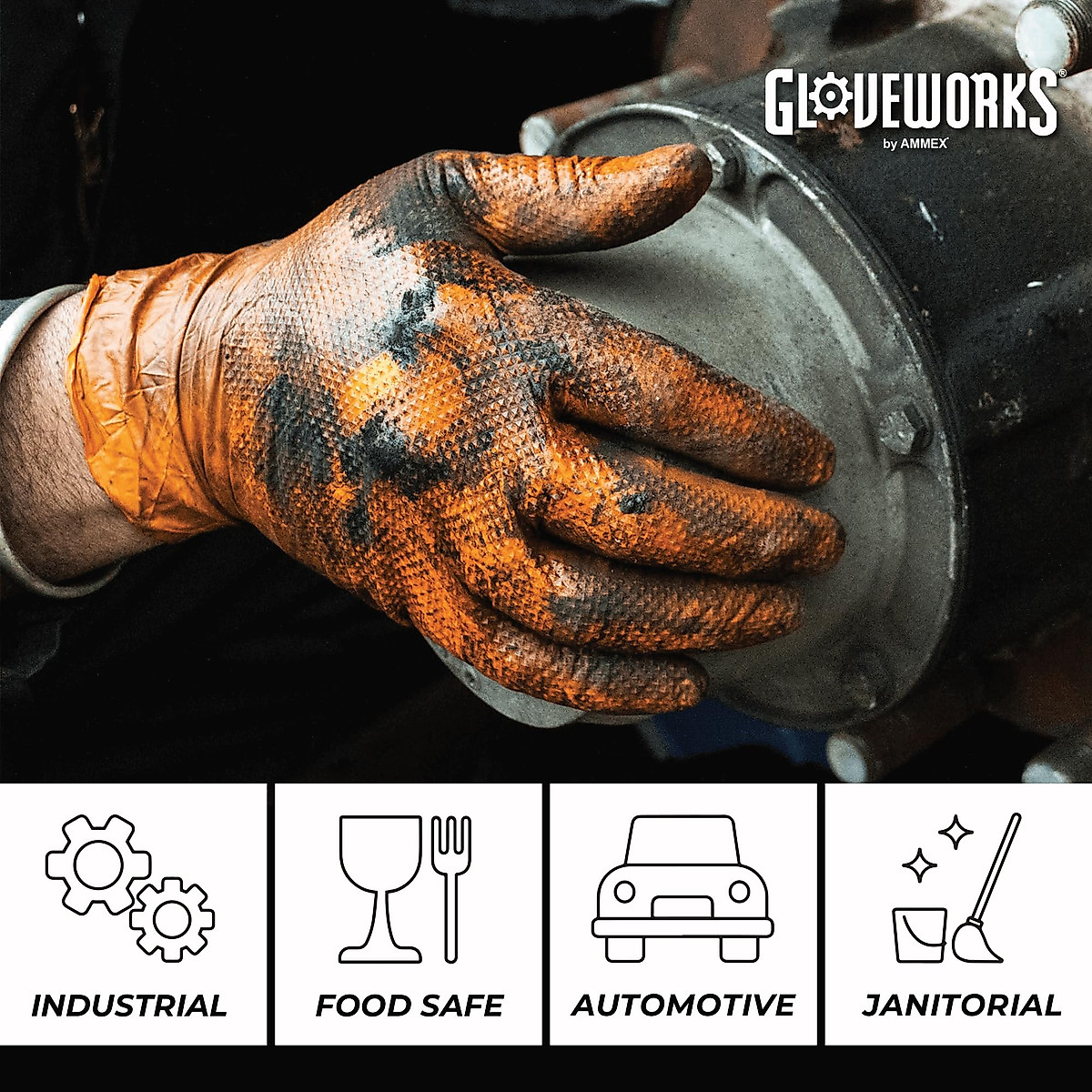 GLOVEWORKS HD Orange Nitrile Industrial Disposable Gloves, 8 Mil, Latex-Free, Raised Diamond Texture, X-Large, 2 Boxes of 100