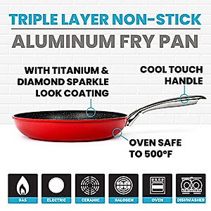 Granite Stone Coated Nonstick Frying Pan - 10 Inch Frying Pan Nonstick Pan Skillets Nonstick Non Stick Pan Cooking Pan Fry Pan Skillet Large Frying Pan, 100% PFOA Free, Oven & Dishwasher Safe - Red