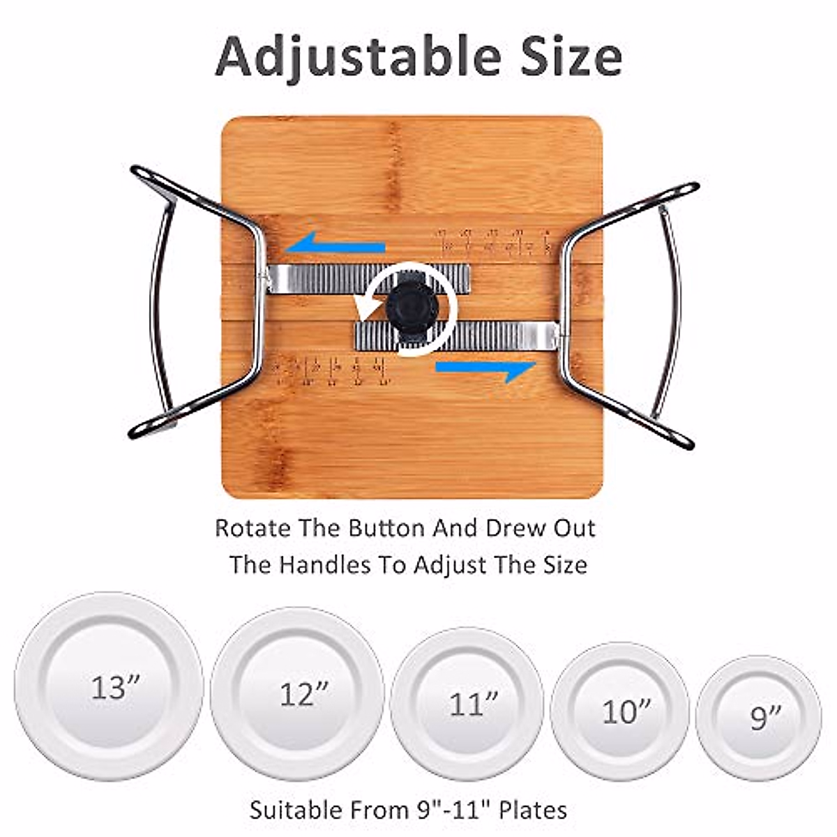 E-ROOM TREND Dish Holder SS304 Small&Large Square Total 2 Pack for 6" to 13" Plates Organizer Upgrade Thicken Bamboo Adjustable Size Easy Carried Handles Storage Rack for RV Cabinets Shelf (A018)