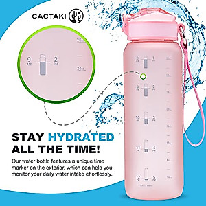 Cactaki 32 oz Water Drinking Bottle with Time Marker - Stay Hydrated - Hydration Tracker & Reminder to Drink With Hourly Measurement Markings - Leak Spill Proof & BPA Free