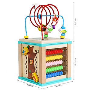 TOWO Wooden Activity Cube Beads Maze -5 Activities Roller Coaster Abacus Cog Wheels Gears Clock Zig Zag Slide-Early Educational Toys for Baby -Educational Wooden Toys for 1 Year Old Montessori Toys