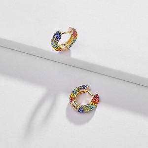 CiNily Huggie Hoop Earrings, Rainbow Colorful Crystal Yellow Gold Plated Cuff Earrings Fashion Small Hoop Earrings for Women