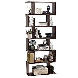 TinyTimes 6-Tier Wooden Bookcase, S-Shape Display Shelf and Room Divider, Freestanding Decorative Storage Shelving, 75'' Tall Bookshelf - Walnut