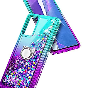 NZND Compatible with Samsung Galaxy A03S Case with Tempered Glass Screen Protector, Ring Holder/Wrist Strap, Glitter Liquid Floating Waterfall Durable Girls Women Kids Cute Case (Aqua/Purple)