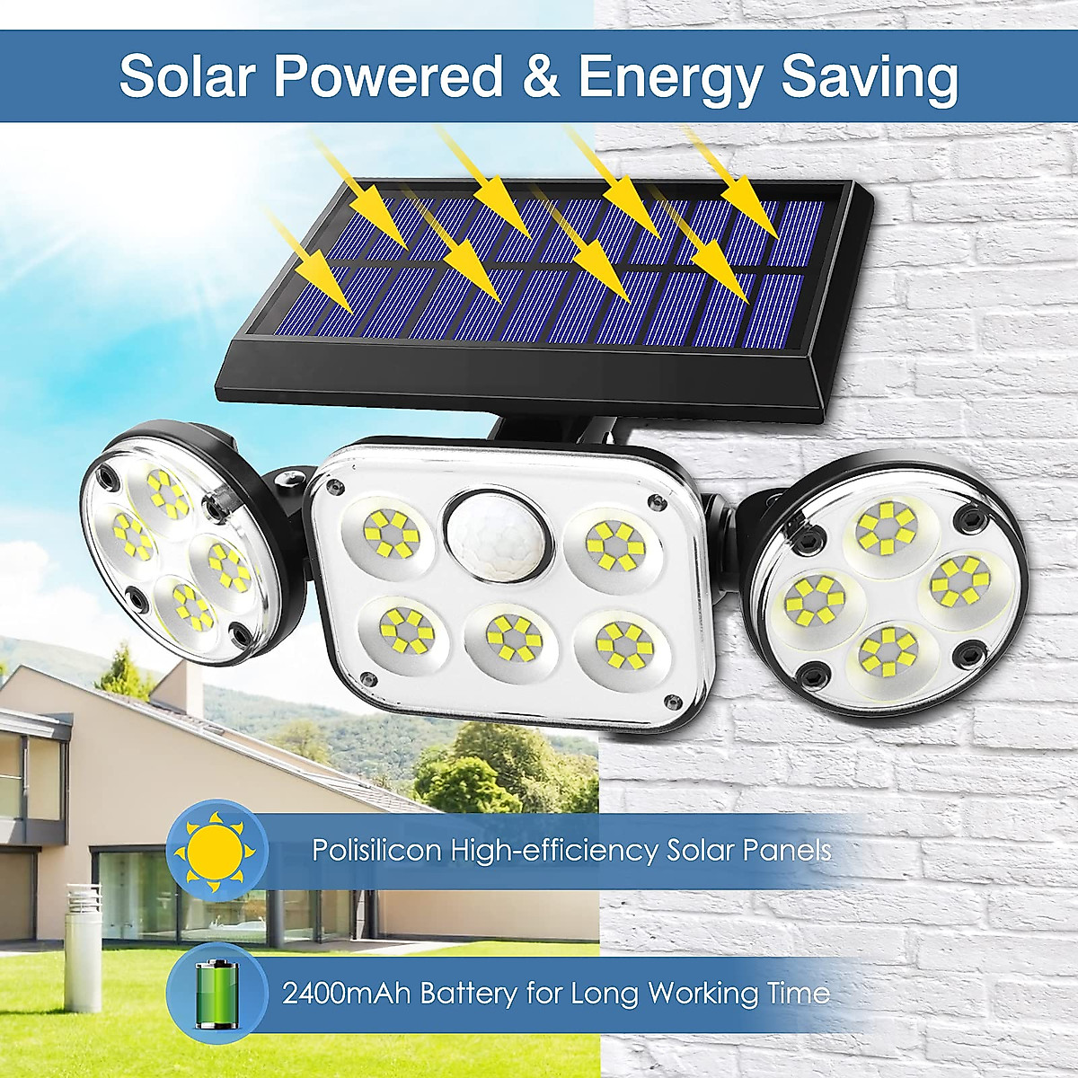 RJFOYB Motion Sensor Outdoor Lights, Adjustable 3 Heads Solar Outdoor Lights, 270° Wide Angle, IP65 Waterproof Security Lights Motion Outdoor for Garage Yard Garden Porch