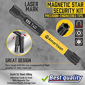 Torx Bit Set, Amartisan 24-Piece Security and Tamper Resistant Star Bits Set S2 Steel, 1" and 2.3" Long T5 - T40