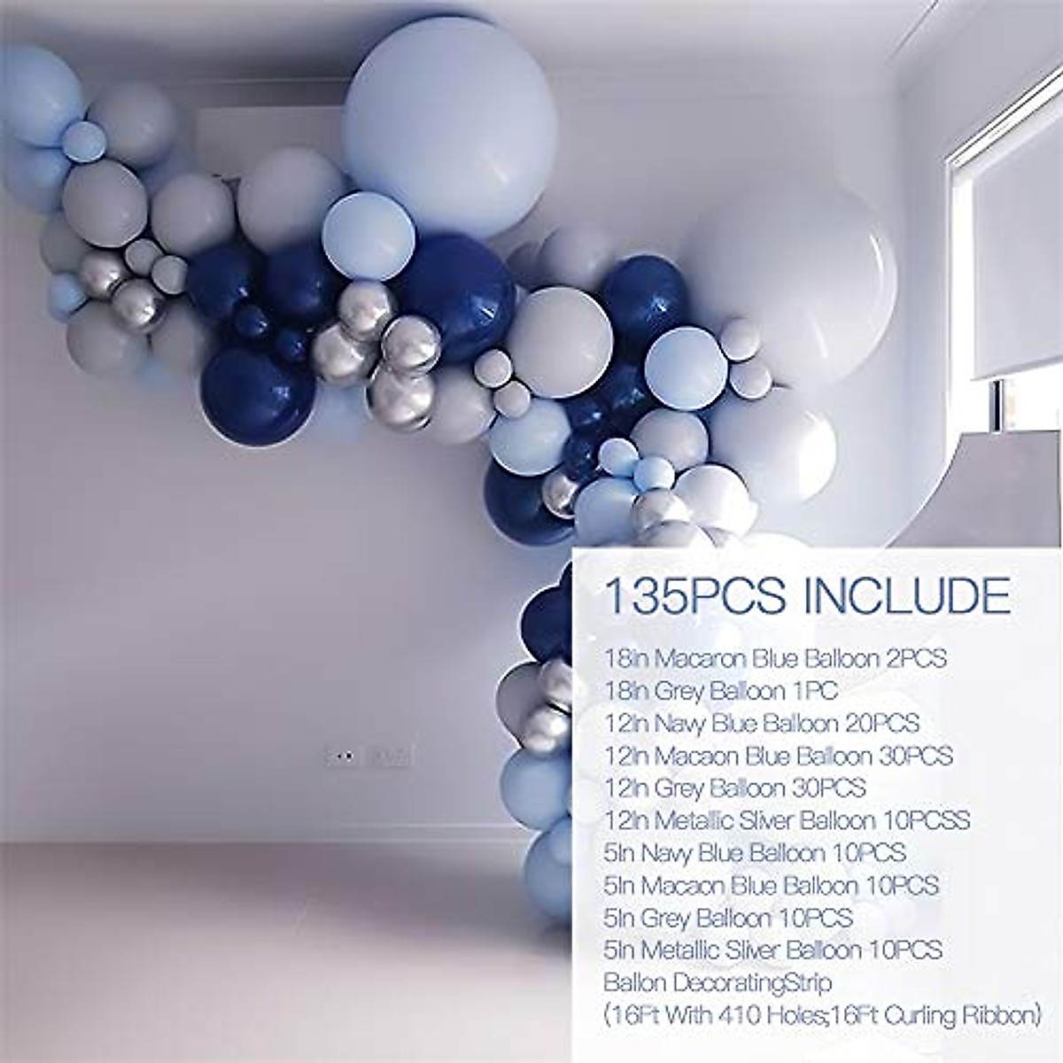 Navy Blue Balloon Kit 18In 12In 5In Sliver Balloon Arch Garland For Festival Picnic Family Engagement, Wedding, Birthday Party, Blue Theme Anniversary Celebration Decoration (Bule 135pcs)