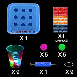 23*23 Inch Glowing Beer Pong Pool Party Rack Tic Tac Toe Floating Rafts, Swimming Pool Pong Party Game Drinking Game and Drink Holder, Includes 1 Rafts 9 Cups and 10 Pong Balls, Flashing Color 1