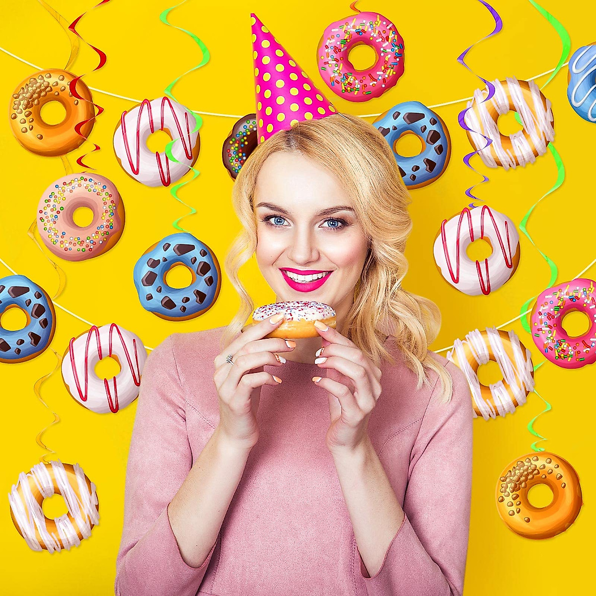 34 Pcs Donut Party Decorations Include 2 Pcs Donut Garland Banner and 32 Pcs Donut Hanging Swirl Party Supplies for Birthday Baby Shower Grow Up Party Favors