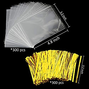 Augshy Cake Pop Bags, 300 Pcs Cellophane Treat Bags 3x5 with 300 Twist Ties - 1.4 mils Thickness OPP Plastic Bags for Lollipop Candy Chocolate Cookie Wrapping Buffet