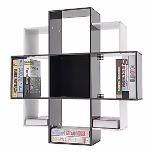 LyeXD 3 Tiers Wall Shelf w/9 Compartments, 35.43in Long Floating Shelf for Wall Multi-Grid Wall Mounted Bookcase up to 66.1lbs, Unique Bookshelf Storage Shelves for Bedroom (Black+White)