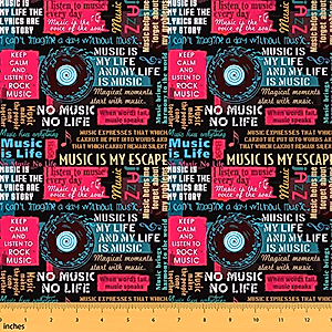 Music Fabric by The Yard, Musical Interests Discs Quilt Fabric for Chairs Sofa, Musical Notes Rock Music Decorative Fabric, DIY Decorative Fabric for Upholstery and Home Accents, 1 Yard, Black