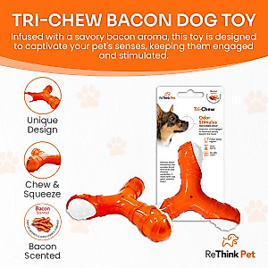ReThink Pet Tri-Chew Toy for Dogs, Bacon Scented Dog Chew Toys, Long-Lasting & Durable Dog Teething Toys, Chew & Squeeze Odor Stimulating Tough Dog Toys for Boredom
