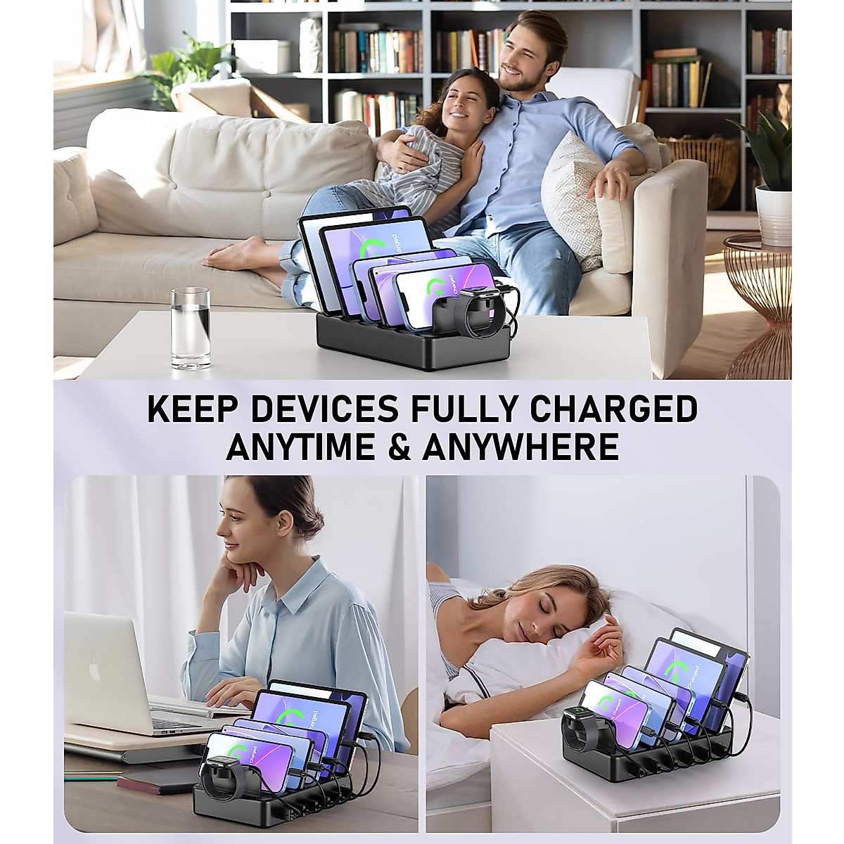 Charging Station for Multiple Devices, HSicily 6 Ports 50W Charger Station with 6 Cables Charging Dock Designed for Kindle iPhone iPad Cell Phones Tablets Apple Watch