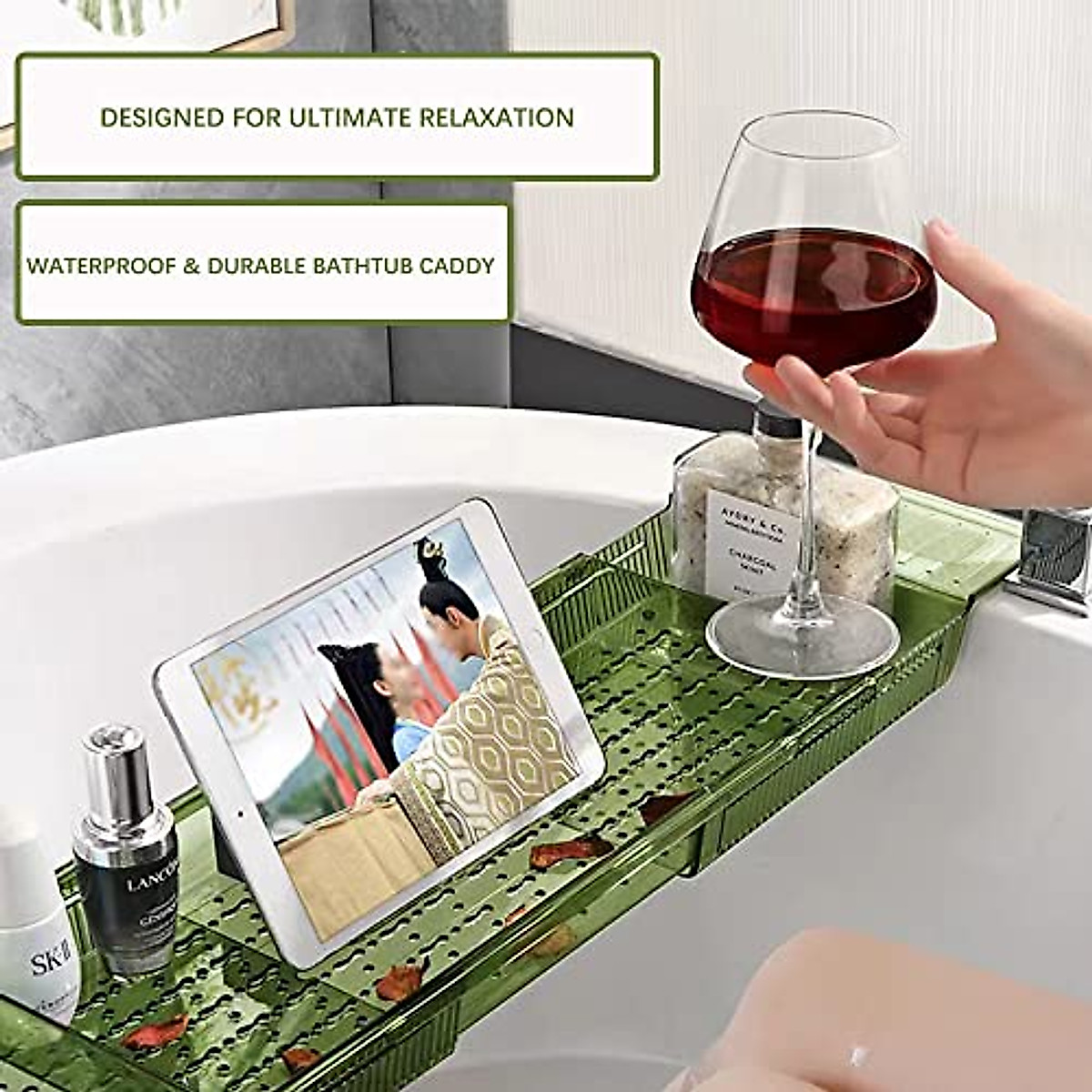 Ollimy Bath Shelf Bathtub Tray, Adjustable Bathtub Caddy Tray Storage Rack - Bathroom Bathtub Tray - Expandable Bath Shelf Fits All Tubs (Transparent)