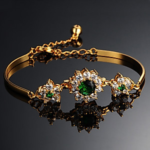 L & J 18k Yellow Gold Sparkling Green Rhinestone Halo Diamond Cut AAA CZ Flower Bangle Bracelet for Women