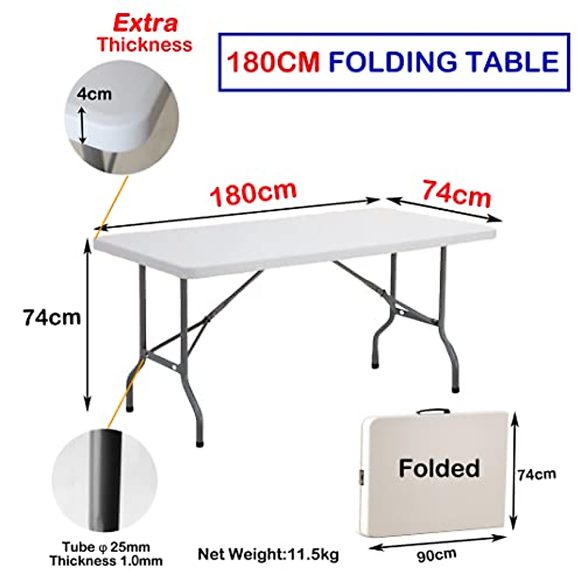 deaciber 6ft Folding Table 71 inch Plastic Fold in Half w/Handle Heavy Duty Portable Indoor Outdoor for Garden Party Picnic Camping BBQ Dining Kitchen Wedding Market Events
