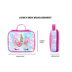 KK CRAFTS Cute Insulated Lunch Box For Girls Boys Kids Toddlers Preschool Kindergarten Elementary(Small,Sequin Rainbow Unicorn)