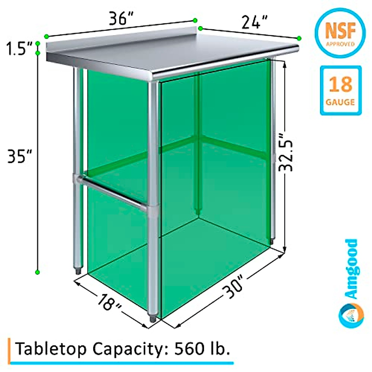 AmGood 24" X 36" Stainless Steel Work Table Open Base with 1.5" Backsplash | Metal Kitchen Food Prep Table | NSF