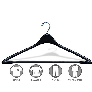 Heavy Duty Black Plastic Suit Hanger with Fixed Bar, (Box of 100) Sturdy 1/2 Inch Thick Coat Hangers with Square Topped Chrome Swivel Hook by The Great American Hanger Company