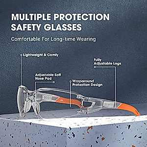 TOREGE Safety Glasses For Men, Clear Safety Goggles Eye Protection With Anti Fog And Anti Blue Light Lens, Scratch Resistant UV Protective Work Glass For Women(C5-Transparent&Orange)