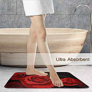LIVILAN Black Bath Mat, Flower Bathroom Rugs, Red Bath Rugs, 24''X16'', Super Soft and Absorbent Shaggy Plush Red Rose Bath Rugs, Memory Foam Non-Slip.