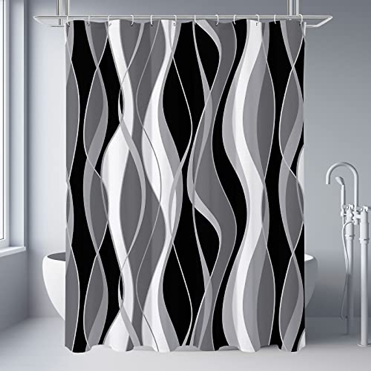 Gibelle Black and Grey Shower Curtain, Gray and White Abstract Modern Bathroom Decor, Waffle Weave Textured Fabric Shower Curtain Set with Hooks, 72x72
