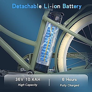 AVASTA 26'' Electric Bike E Bike with 36V 10.4AH Removable Battery Road City Cruiser 350W Motor Ebike 6-Speed Step-Through Hybrid Bicycle Commuting for Adult, Up to 70 Miles, Green