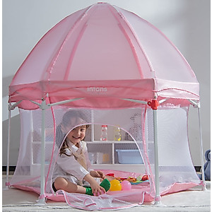INFANS Baby Playpen with Removable Mesh & UV Canopy, 53" Portable Playhouse with Carry Bag, Dome, Padded Floor, Easy Folding Playard Activity Center (Light Pink)
