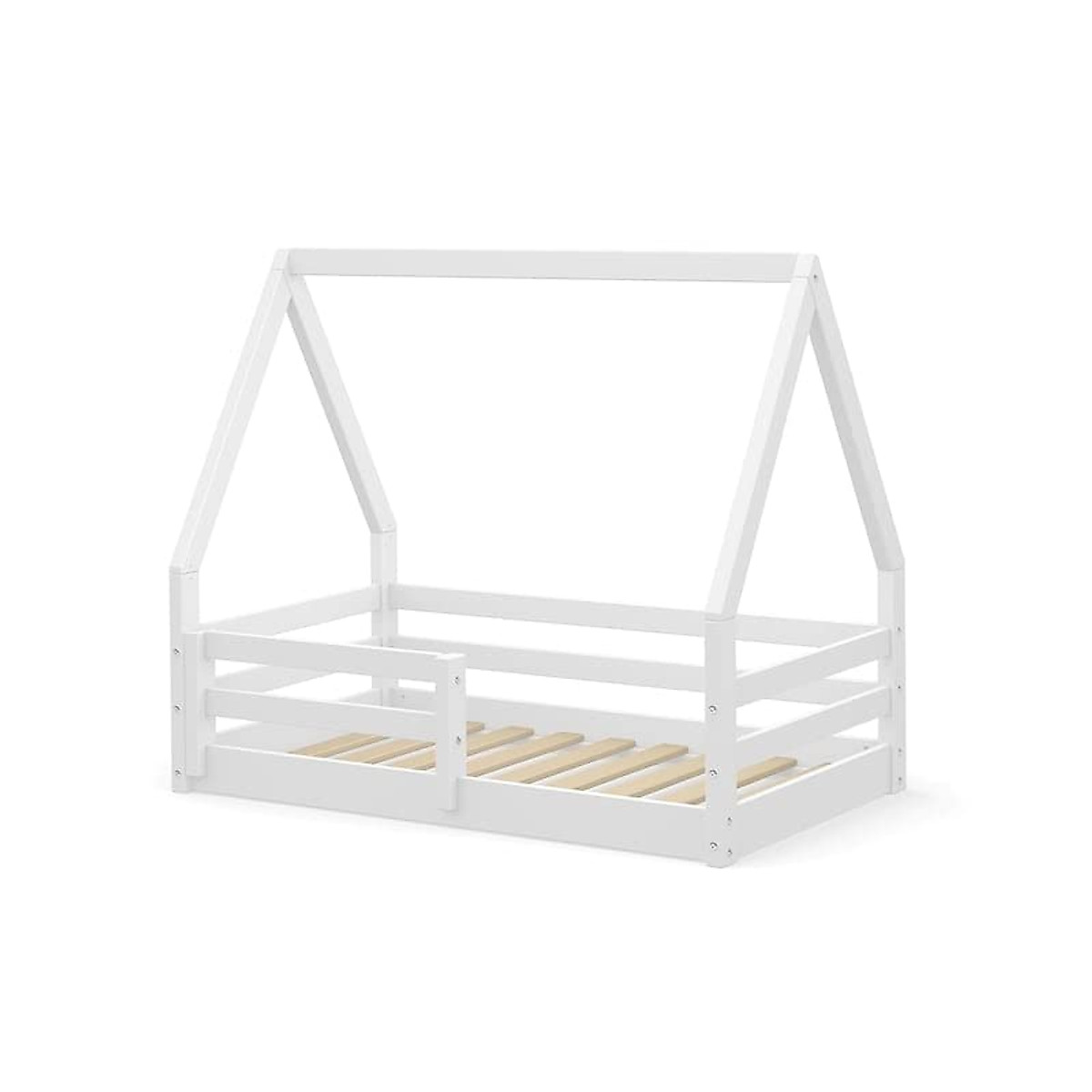 Eden Home Modern Solid Wood Toddler Floor Bed Frame with House Roof Canopy Rails in White