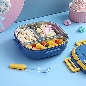 SYCOOVEN Bento Lunch Box, 550 ml Multi Grids Stainless Steel Lunch Box with Leakproof Lid & Spoon, Portable Durable Lunch Container for Kids Adults Toddler, Car, Home, School, Office(blue)