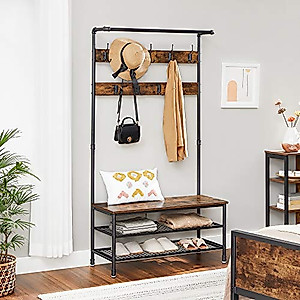 VASAGLE DAINTREE 3-in-1 Entryway Coat Rack and Storage Bench, Pipe Style Hall Tree with 9 Hooks, Multifunctional, Sturdy Steel Frame, Large Size, Industrial, Rustic Brown and Black UHSR47BX