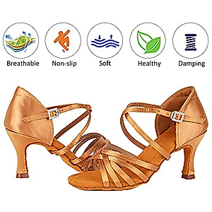 DKZSYIM Women's Satin Latin Dance Shoes Professional Ballroom Salsa Practice Performance Dancing Shoes,213-ZS-Brown-7.5,US 9.5