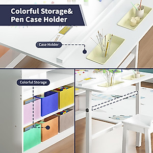 ijuicy Kids Art Table & Chair Set, Wooden Drawing Painting Craft Center, Wooden Activity Table & Chair Set with 6 Storage Boxes, Kids Craft Table for Boys, Girls (White)