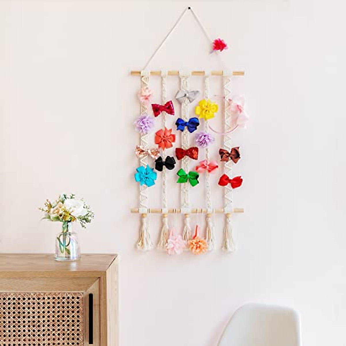 Isuesee Hair Bow Holder for Girls Macrame Headband Organizer Hanging Hair Bow Hanger Storage Hair Accessories Display Rack Boho Wall Decor for Baby Girls Room