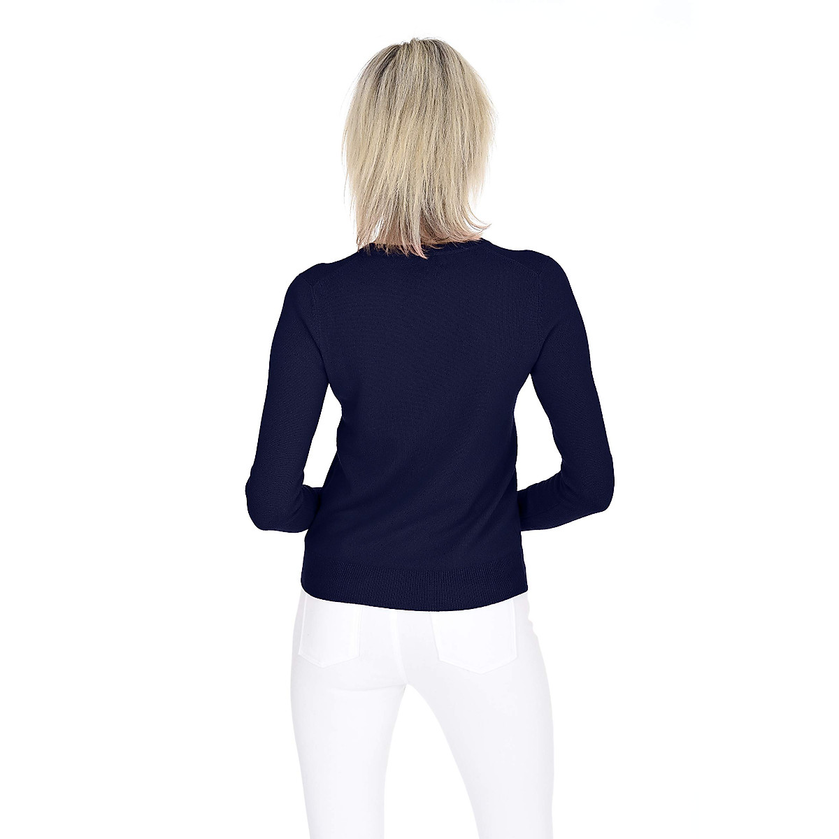 Cashmeren Women’s Essential Knit V-Neck Sweater 100% Merino Wool Long Sleeve Classic Pullover (Navy, Large)