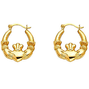 14k REAL Yellow Gold Fancy Claddagh Hoop Earrings (15 x 15mm)