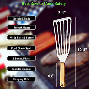 IOCBYHZ Fish Spatula 12.4" Stainless Steel Cooking Utensil, Kitchen Slotted Turner, Fish Turner Spatula, Metal Slotted Spatula with Wood Handle Great for Egg/Meat Turning, Griddles & Grill Accessories