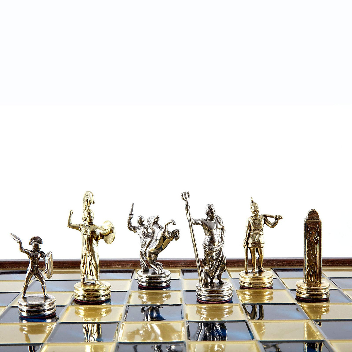 Manopoulos Greek Mythology Chess Set - Brass&Nickel - Wooden case Blue Board