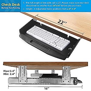 Desk Keyboard Tray with 360 Rotating Mouse Platform, 28"L X 10"W Keyboard Tray Under Desk, Steel Keyboard Shelf Sliding, Under Desk Mounted Keyboard Holder, Keyboard Drawer Under Desk Slide