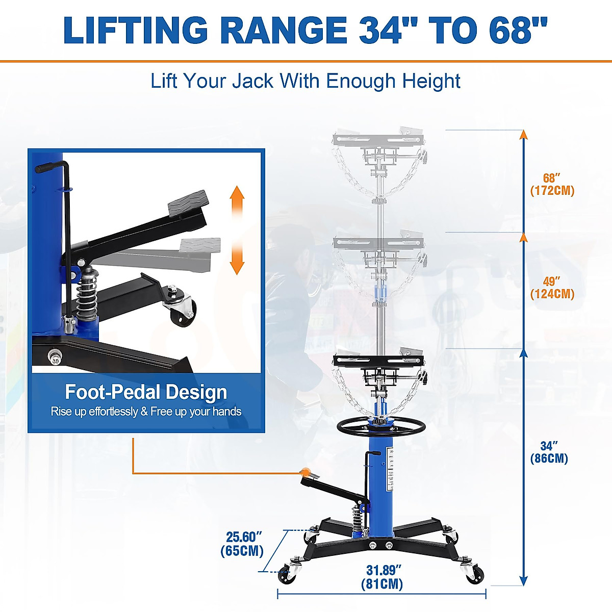 Iglobalbuy Transmission Jack Lift 1322lbs, 2 Stage Adjustable Telescoping Hydraulic Transmission Jack, High Lift Dual Telescopic Trans Jacks Hoist w/Pedal, 34" to 68" Lifting Range