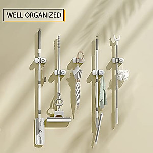 Domonic Home Broom Holder Wall Mount Self Adhesive, Broom and Mop Holder with Hooks, Heavy Duty Broom Storage Tool Racks for Home, Kitchen, Garden, Garage, Laundry Room, Grey