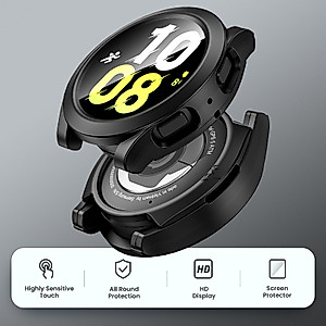 [2 in 1] Goton Waterproof Case for Samsung Galaxy Watch 5 4 44mm, 360° Protective Hard PC Front & Back Bumper with HD Tempered Glass Screen Protector for Galaxy Watch Cover Accessories, Black