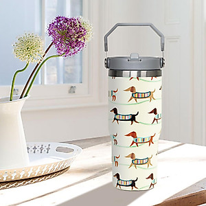 Dachshund Tumbler Gifts with Handle and Straw, Stainless Steel Vacuum Insulated Flip Straw Dachshund Tumblers, Spill Proof Coffee Travel Mug Dachshund Lovers Gifts 30oz