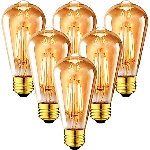 ANWIO Vintage Edison Light Bulb ST21 LED Filament Bulb 5W(40 Watt Equivalent) Dimmable 2500K (Amber Glow) Warm White E26 Medium Base, Amber Glass Cover,6 Pack