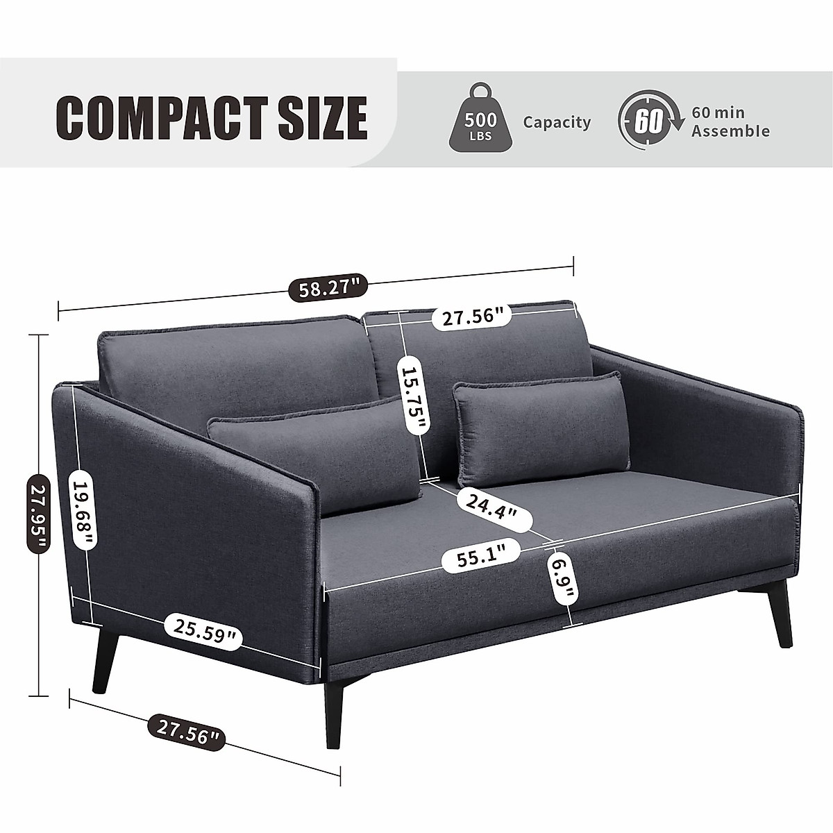 Sunrise Coast Loveseat Living Room Upholstered Modern Linen Fabric Couch with 2 Pillows for Apartment Small Space Loft 2-Seater Sofas 58", Dark Grey