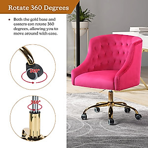 Velvet Home Office Chair with Gold Base, Comfortable Modern Cute Desk Chair, Adjustable Swivel Task Chair for Living Room Bedroom Vanity Study, Fushia
