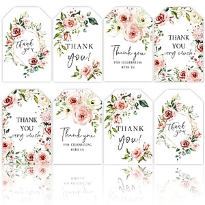 Whaline 100Pcs Thank You Gift Tags with 98.4ft Hemp Rope Ink Floral Style Paper Tags Hanging Labels Name Tags for Baby Shower Birthday Wedding Bridal Shower DIY Gift Party Favor Decor, 4 Designs