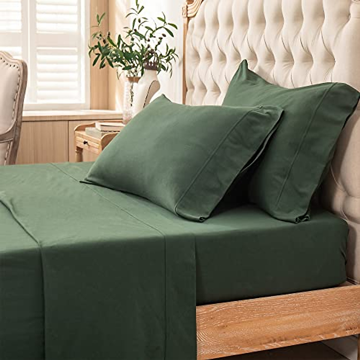 PURE ERA Jersey Knit 4pc Bed Sheet Set 100% T-Shirt Cotton Super Soft Comfy Breathable Fits Mattress Up to 20" Extra Deep Pocket (Solid Forest Green, Queen)